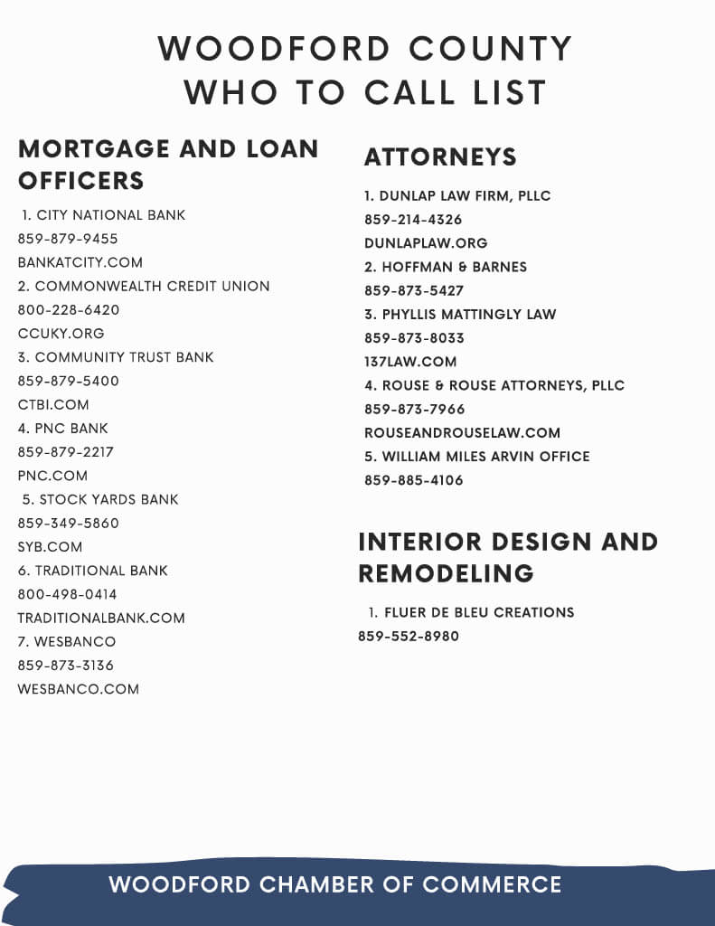 Who to Call List - Woodford County Chamber of Commerce