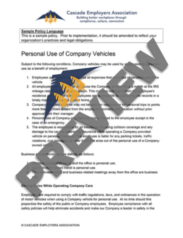 Personal Use of Company Vehicles Policy - Cascade Employers Association